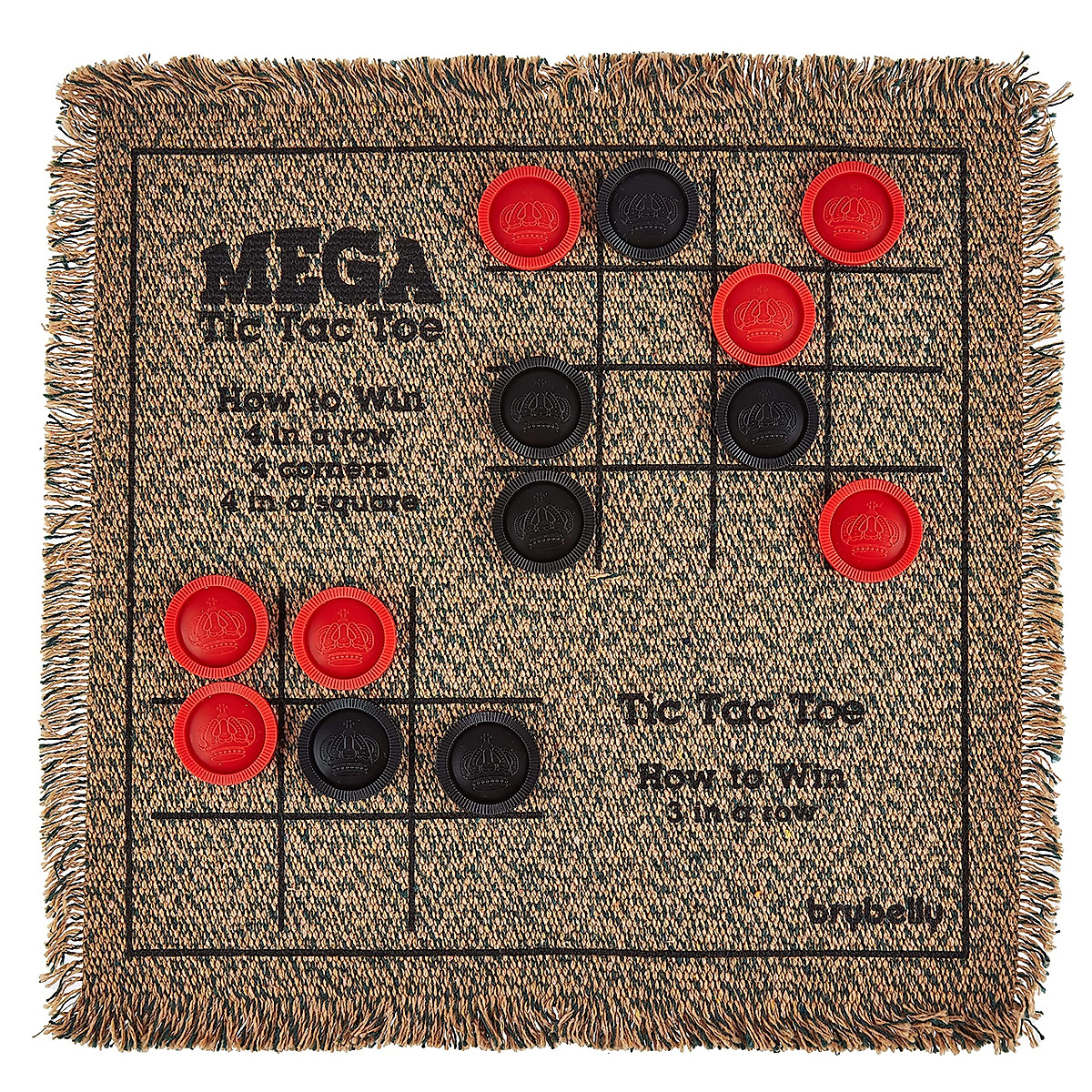3-in-1 Mini Checkers Rug + Classic & Mega Tic Tac Toe - Portable Compact 12" x 12" Reversible Checkerboard Rug - Travel, Parties, Games on The Go, Family Board Game Night