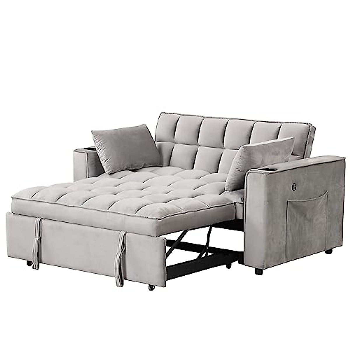 FULife 58" Convertible Sofa Couch with Pull-Out Sleeper,Adjustable Loveseat Armchair Single Bed Chair with Cup Holder,USB Port,Side Pocket&Pillows for Living Room/Apartment/Office/Studio/Small Place