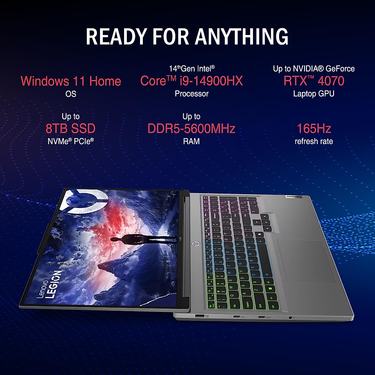 Lenovo Legion Gaming Laptop, 16" QHD+ (2560 x 1600) 165 Hz, Intel i9-14900HX, NVIDIA GeForce RTX 4070, 64GB RAM, 1TB SSD, RGB Backlit Keyboard, Windows 11 Home