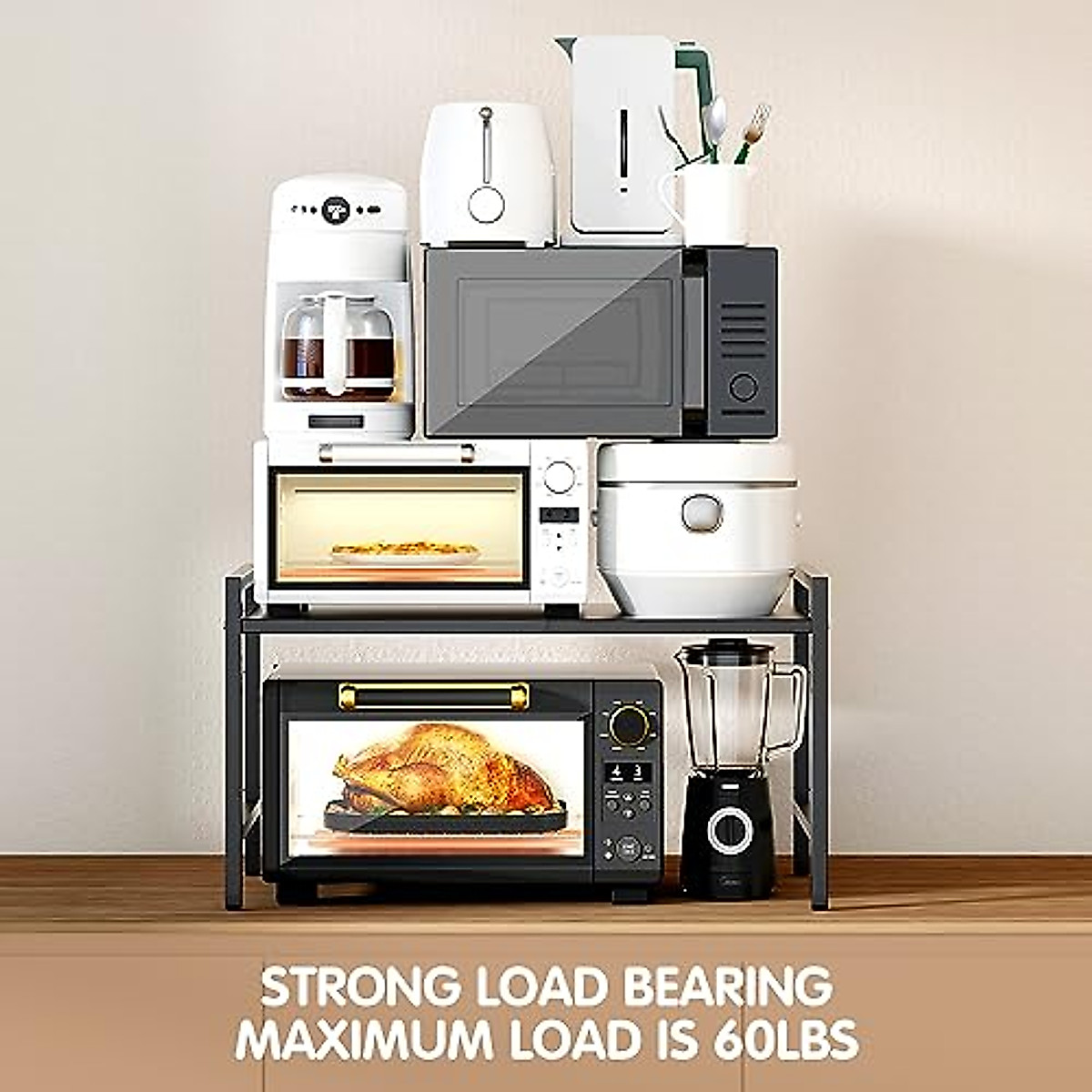 Rollwish Expandable Microwave Shelf, Oven Toaster Rack Kitchen Countertop Organizer, Adjustable Microwave Stand with 3 Hooks, 2Tire, (Size 13~23 "x12.5 x17), 60Lbs Capacity