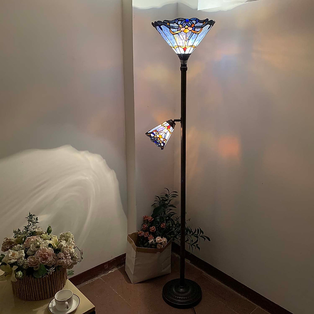 Bieye L10686 Baroque Tiffany Style Stained Glass Torchiere Floor Lamp with Sidelight for Reading Home Decor, 71-inch Tall