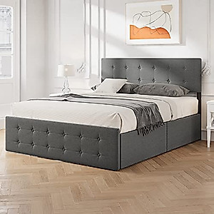 Alkmaar Upholstered Queen Size Platform Bed Frame with 4 Storage Drawers,Grey Queen Size Platform Bed Frame with Headboard and Wooden Slats Support,No Box Spring Needed (Queen)