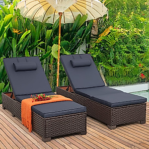 Rattan Star Outdoor Chaise Lounge Set of 2 Brown Wicker Patio Chaise Lounge Chairs Pool Lounge Chairs Multi-Angle Adjustable Backrest with Blue Cushions and Headrest