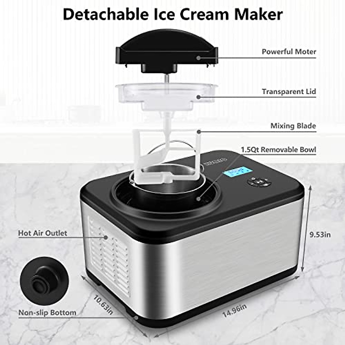 KUMIO 1.5 Quart Ice Cream Maker with Compressor, No Pre-Freezing, 4 Modes Ice Cream Maker Machine with LCD Display, Timer, Automatic Gelato & Yogurt Machine, Stainless Steel