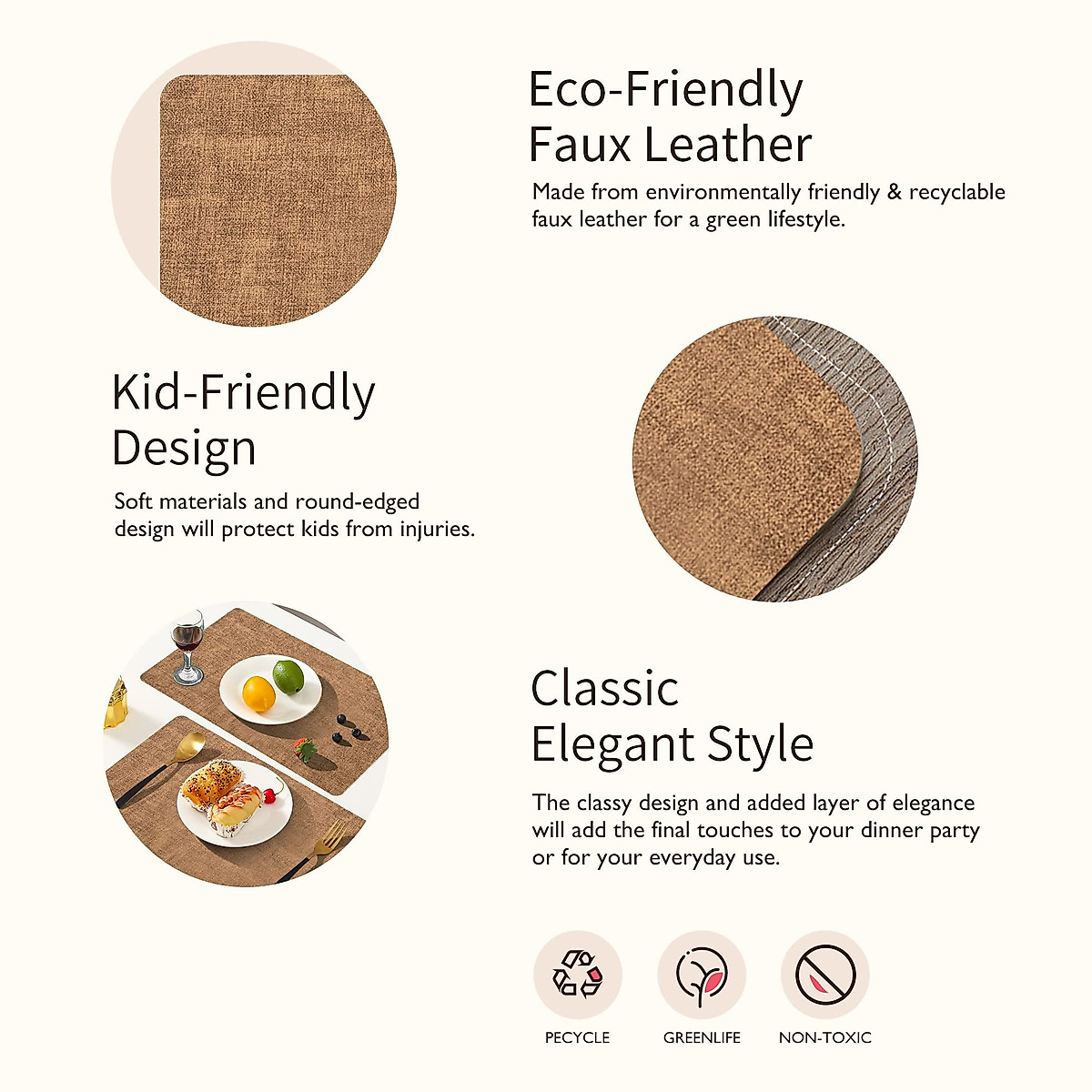 Maxpearl Faux Leather Placemats Set of 6 - Waterproof - Wipe Clean - Heat Resistant - Anti Slip Dining Table Place Mats, Suitable for Indoor & Outdoor Use, 17’’×12’’, Brown