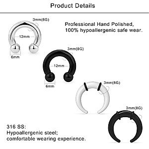 Lcolyoli Large Septum Rings 8G PA Ring Internally Threaded Ball Horseshoe Barbell Stainless Steel & Acrylic Plastic Pincher Tapers C Shape Buffalo Stretcher Expander for Women Men