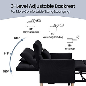 SumKea 70'' Convertible Chair Bed, Extra Long Teddy Fabric Single Pull Out Sofa Bed, 4 in 1 Adult Sleeping Chair, Recliner Chair with Pillow, Adjustable Backrest, Black