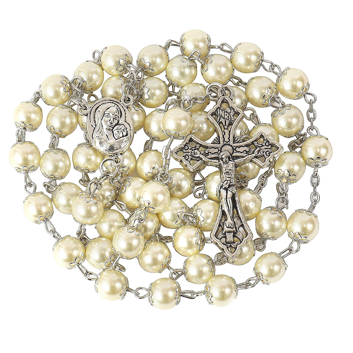 Nazareth Store Pearl Cream Beads Rosary Necklace Holy Soil Medal and Cross Catholic Rosaries for Women, Men