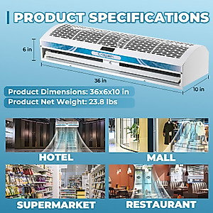 Crispaire 36'' Air Curtain Magnetic Door Switch Included 2 Speeds 2559FPM/1527CFM Uncooled & Unheated Super Power Commercial Indoor Easy-Install Industrial 110V (36''-Door Switch)