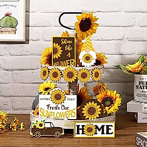 Sunflower Tiered Tray Decor Summer Farmhouse Mini Wood Signs House Shaped Table DecorSunflower Decor for Party Home Kitchen Holiday (Sunflower, 12 Pcs)