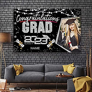 Custom Graduation Party Decorations 2023-Personalization Congratulations Graduation Banner-Class of 2023 Graduation Decorations Supplies(Black and Silver)