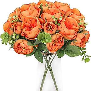 Nubry Artificial Flowers 2 Bunches Fake Peony Silk Flowers Arrangements with Eucalyptus Leaves Faux Realistic Bouquet for Wedding Decoration (Orange)