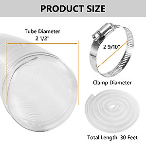 2 1/2" x 30' PVC Dust Collection Hose, Puncture Resistant Fume Collection Hose with 8 Pieces Stainless Steel Hose Clamps, Clear Dust Collector Hose for Woods Dust Debris