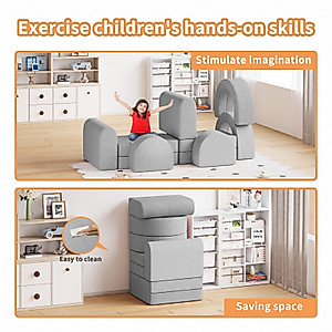 MOOITZ Modular Kids Play Couch, 10pcs Kids Play Couch for Playroom Bedroom, Convertible Modular Toddler Couch, Creative Kids Foam Sofa for Boys and Girls-Grey