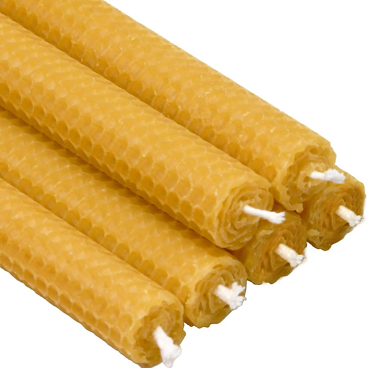 6 Count Beeswax Taper Candles Hand Rolled - Smokeless Dripless -Natural Scent - 8 Inch in Natural Yellow Color