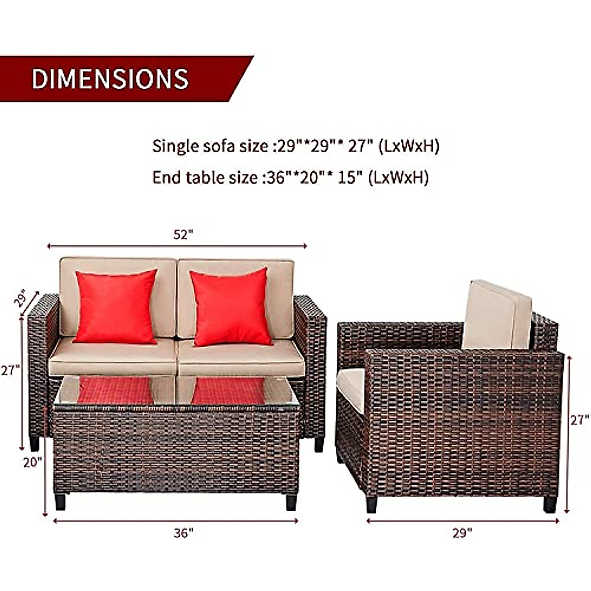 SUNCROWN 4-Piece Outdoor Patio Wicker Furniture Sofa Set, Sectional Conversation Set with Cushions & Tempered Glass Table