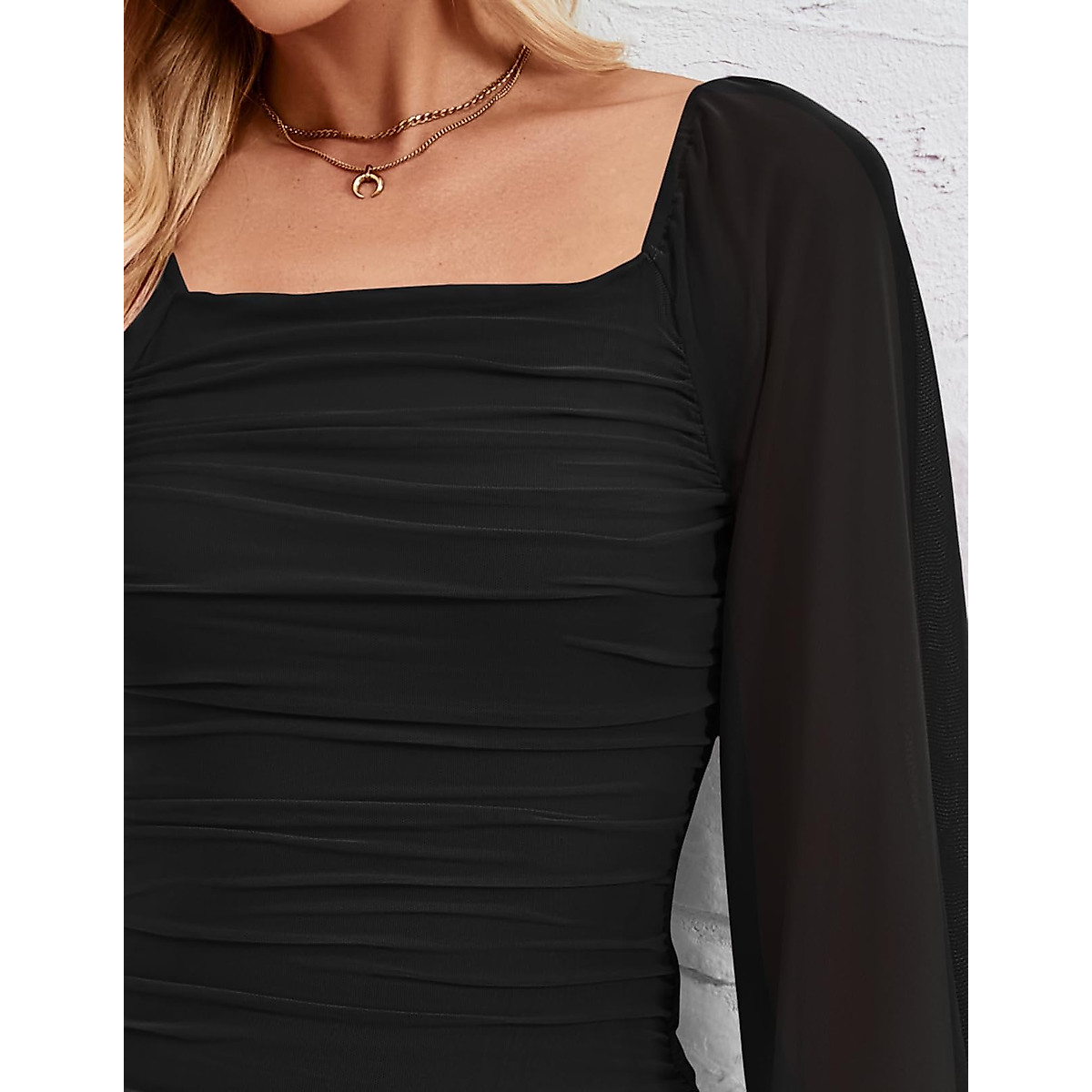 ZESICA Women's 2024 Sexy Ruched Bodycon Midi Dress Long Puff Sleeve Square Neck Backless Cocktail Party Wedding Dresses,Black,Medium