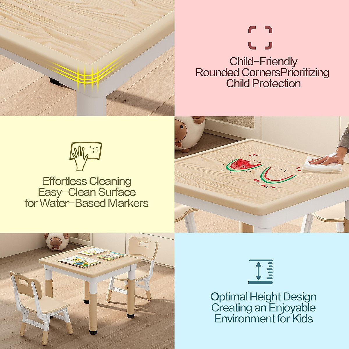 YAIWOMI Kids Table and Chair Set, Graffiti Desktop Kids Tables for Ages 3-8, Adjustable Height Toddler Table and Chair Set, 23.6''Lx23.6''W Kids Table, Toddler Table with 2 Seats, Max 300lbs