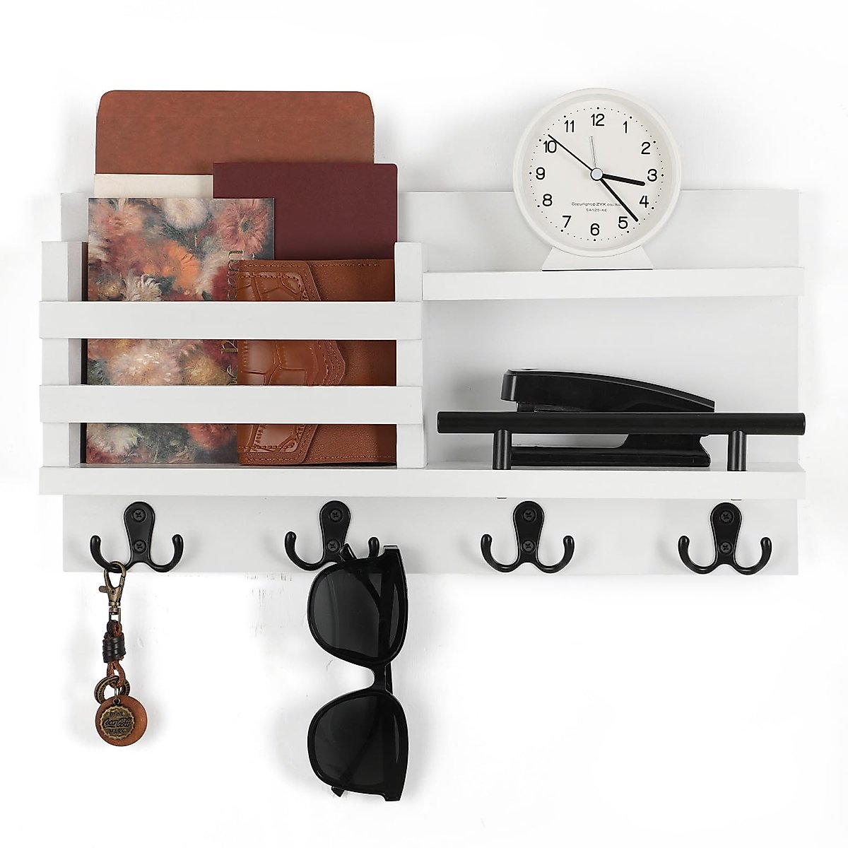 Lucundm Key and Mail Holder for Wall, Key Holder Wall Mount with Shelf and 4 Anchor Key Hooks, Rustic Key Hanger for Farmhouse Entryway Decor (White)