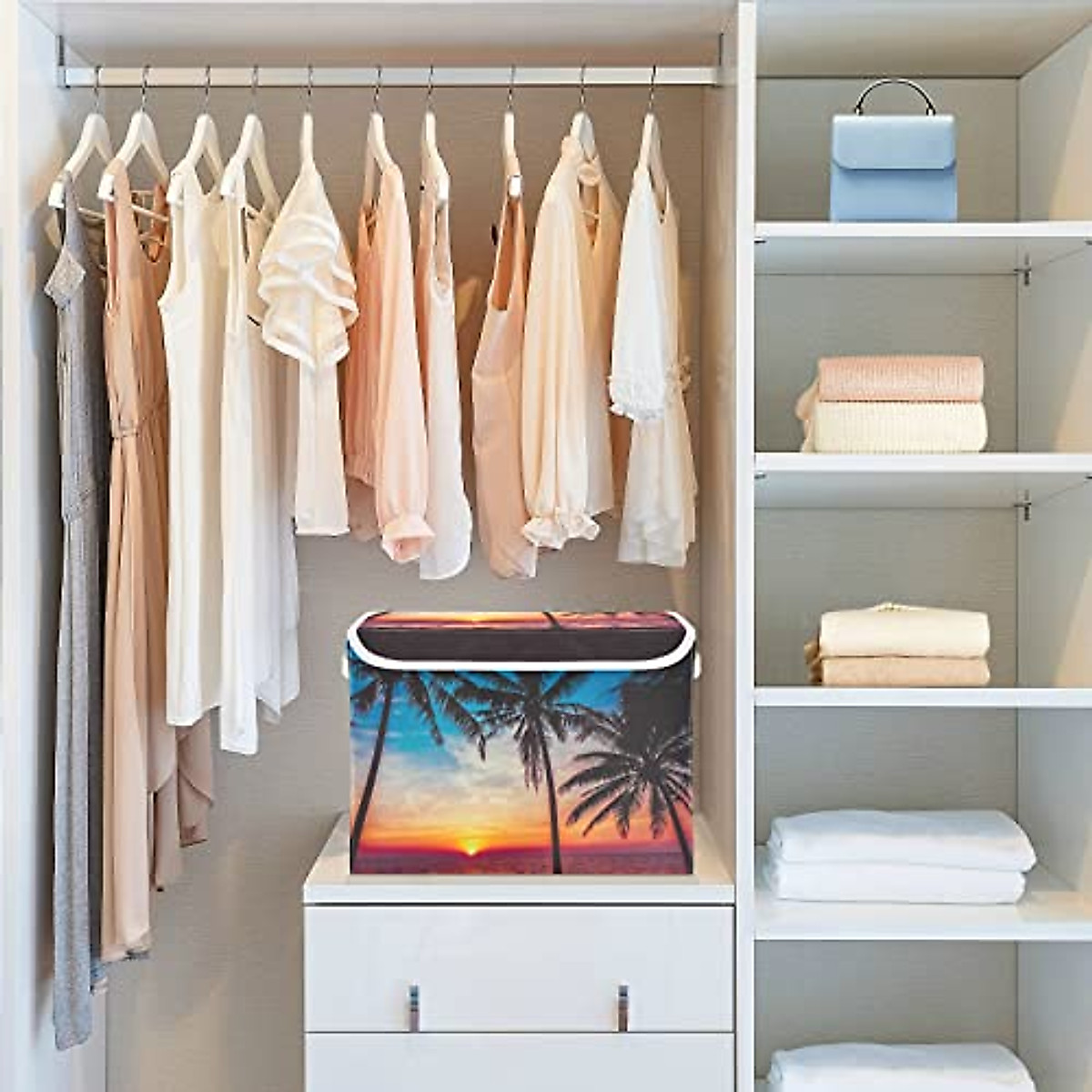 CaTaKu Sea Sunset Tropical Storage Bins with Lids and Handles, Fabric Large Storage Container Cube Basket with Lid Decorative Storage Boxes for Organizing Clothes