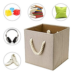 i BKGOO Foldable Storage Cube Bins Dark Grey Bamboo Fabric Collapsible Resistant Basket Box Organizer with Cotton Rope Handle for Home Office and Nursery 10.5x10.5x11 inch