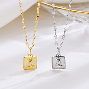 925 Sterling Silver Dainty Dog Tag Pendant Necklace Rose Flower Embossed Flora Jewelry for Women (Gold)