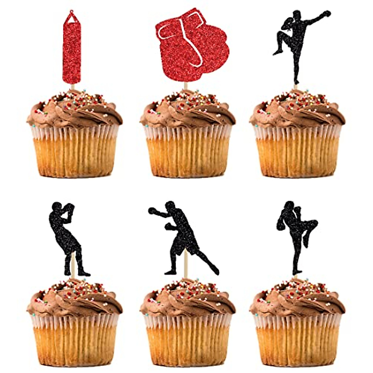 BIABISD 12 Piece boxing Cupcake Toppers boxing Themed Cupcake Toppers boxing Happy Birthday Party Supplies Shiny Black Red Decorations