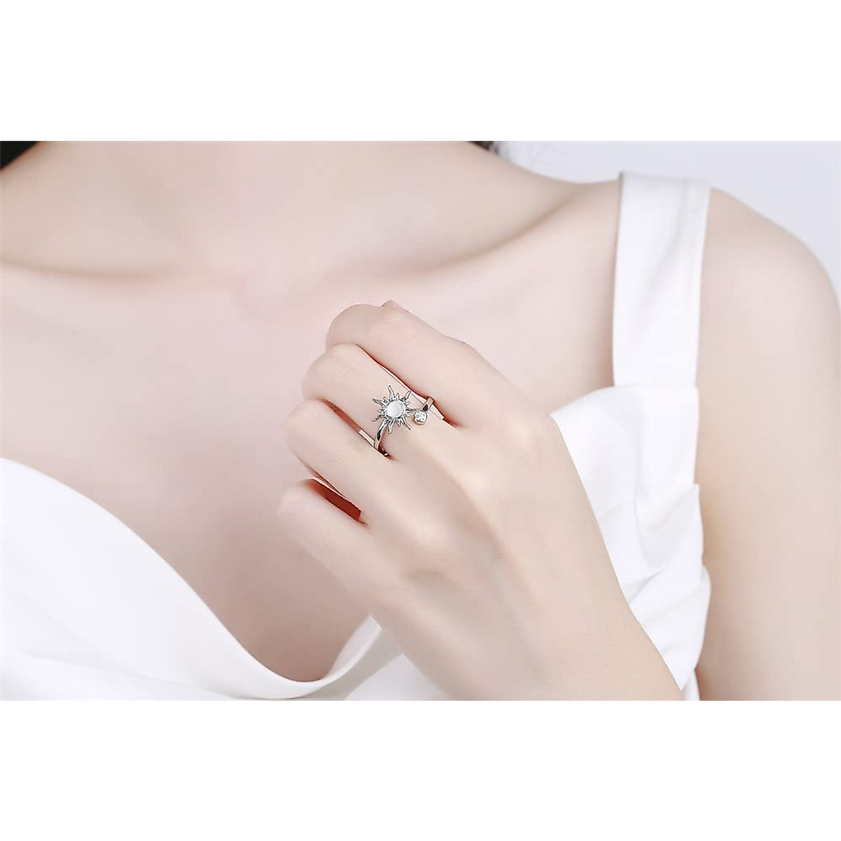 Asymmetric Rotatable Spinner CZ Ring for Women Girls Anti Anxiety Stress Relief Peace Fidget Rings Silver Plating Cute Daisy Sun Star Wrap Open Finger Knuckle Statement Ring Christmas Valentines