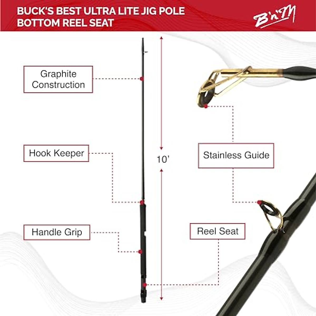 B'n'M Poles - Buck's Best Ultra-Lite Jig Pole Bottom Reel Seat, 10 Foot (2 Sections)