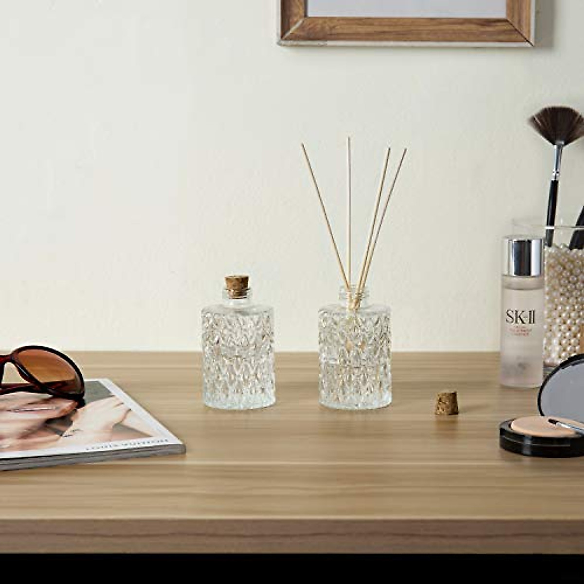 MyGift Small Clear Glass Reed Diffuser Bottles, Vintage Embossed Apothecary Style Flower Bud Vases with Cork Lids, Set of 2