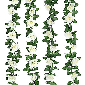 Flower Vines Rose Garland Silk Flowers White Flower Garland Faux Flowers Decor Indoor Fake Vines With Fake Flowers Artificial Flowers Outdoor Home Wedding Party Garden Wall Decoration(4 Pack /30.4 Ft)