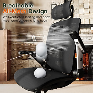 GABRYLLY Ergonomic Mesh Office Chair, High Back Desk Chair - Adjustable Headrest with Flip-Up Arms, Tilt Function, Lumbar Support and PU Wheels, Swivel Computer Task Chair