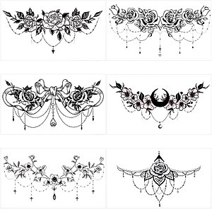 PAGOW 6pcs Fake Tattoos Women, Waterproof Floral Moon Bowknot Rose Realistic Temp Tattoo Stickers for Women Girl Chest, Waist (Large Size: 9.5x5.4inch/240x138mm) Black