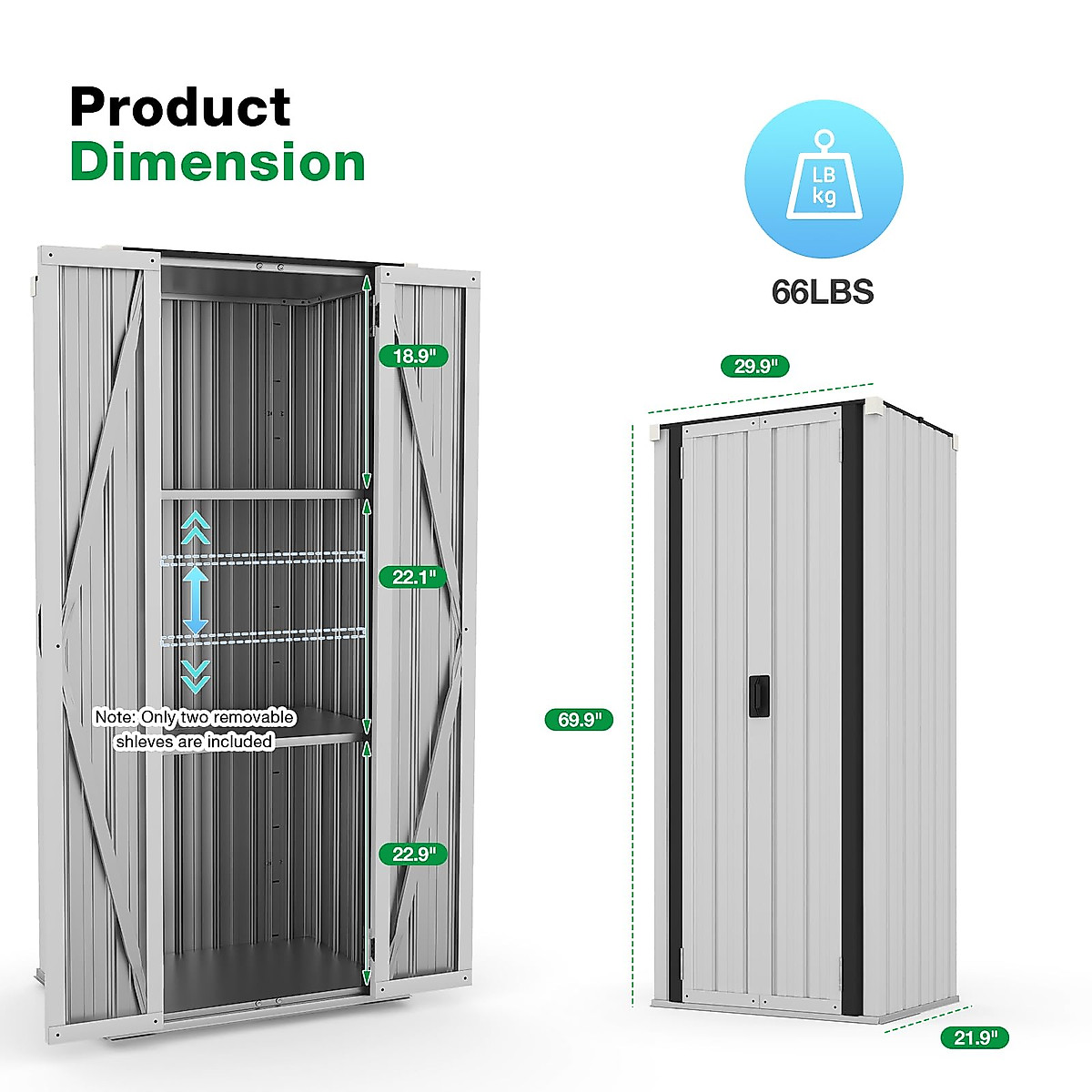 AECOJOY Outdoor Storage Cabinet Waterproof with Adjustable Shelves, Lockable Metal Outdoor Garden Storage Shed Organizer, Versatile for Garage, Backyard, or Indoor Use in White