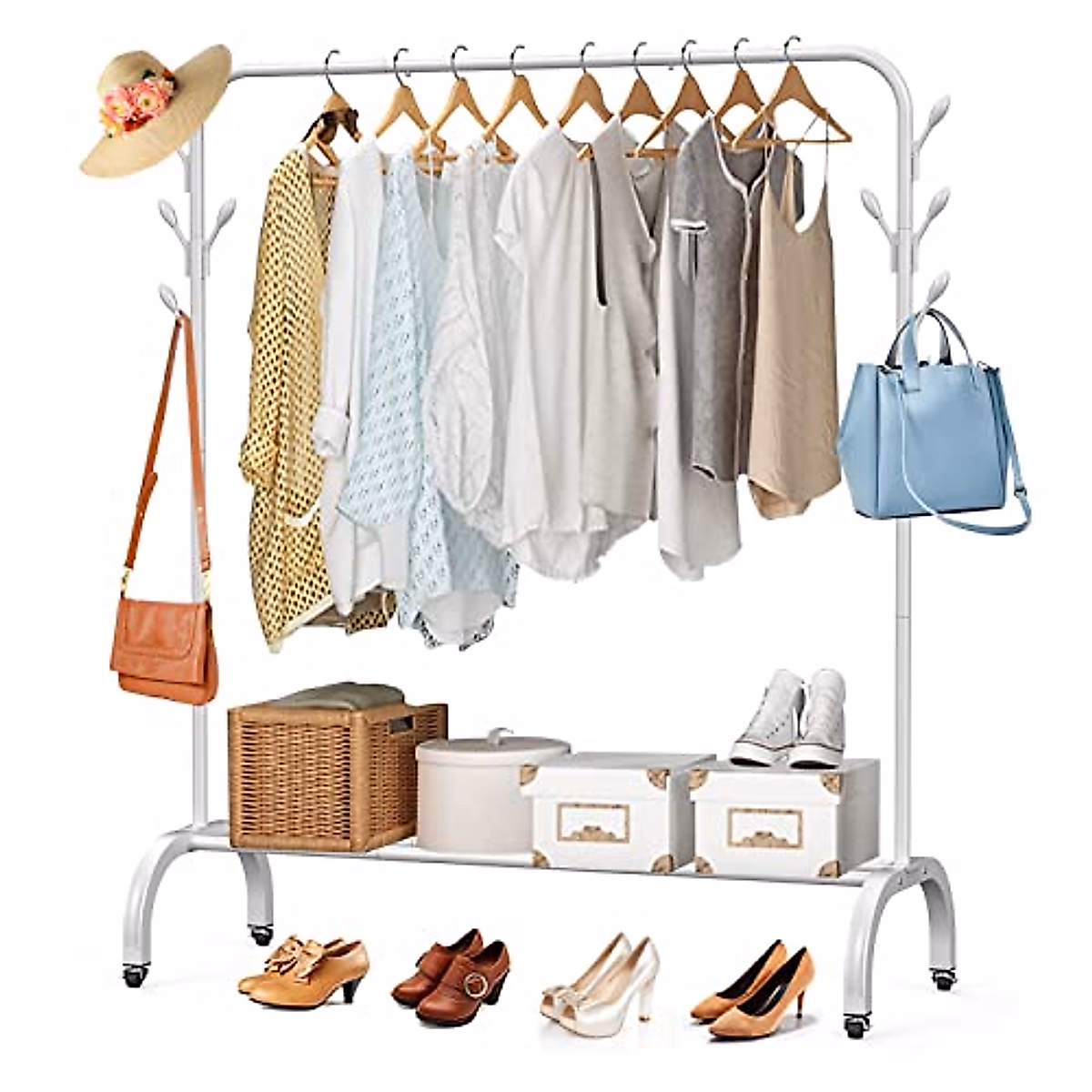 HILI Clothing Garment Rack with Wheels, Metal Clothes Stand Rack with Shoe Storage Rod, Sturdy Steel Frame Coat Rack for Indoor, Laundry, Bedroom(White)