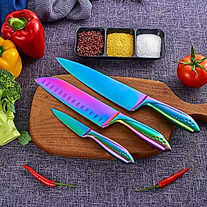 WELLSTAR Kitchen Knife Set 3 Piece, Razor Sharp German Stainless Steel Blade and Comfortable Handle with Rainbow Titanium Coated, Chef Santoku Paring for Cutting Dicing Mincing and Peeling, Gift Box