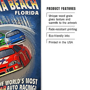 Lantern Press 6x9 Inch Wood Sign, Ready to Hang Wall Decor, Daytona Beach, Florida, Racecar Scene