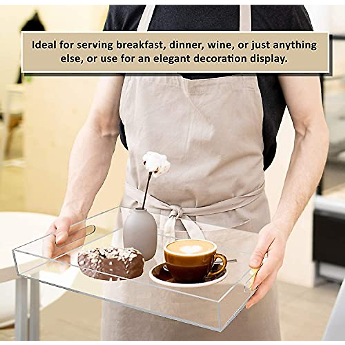 Durable Acrylic Tray Breakfast Serving Tray - 5MM Thick Big Rectangular Waterproof Acrylic Serving Platter with Handles for Coffee, Tea, Food -Elegant Acrylic Decorative Tray (Clear Tray-16''x12'')