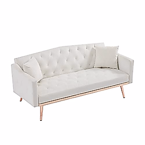 Yoglad Convertible Sofa with Pillow, Upholstered Recliner Couch, Futon Loveseat with Metal Legs, Daybed Sleeper for Living Room (White, 64" Velvet, Hill-Shaped Backrest)