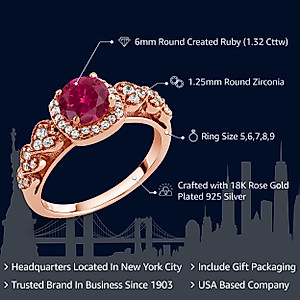 Gem Stone King 18K Rose Gold Plated Silver Round Red Created Ruby Ring For Women (1.32 Cttw, Available In Size 5, 6, 7, 8, 9)