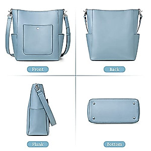 S-ZONE Genuine Leather Handbags Purses for Women with Inner Pouch Bucket Bags Crossbody Hobo Work Travel Blue
