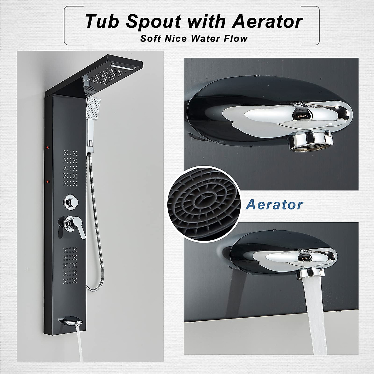 FCOTEEU Shower Panel Tower System with LED Rainfall Waterfall Head LED Full Body Jets System Handheld Shower Tub Spout Temperature Display Bathroom Shower Unit Column Stainless Steel, Black