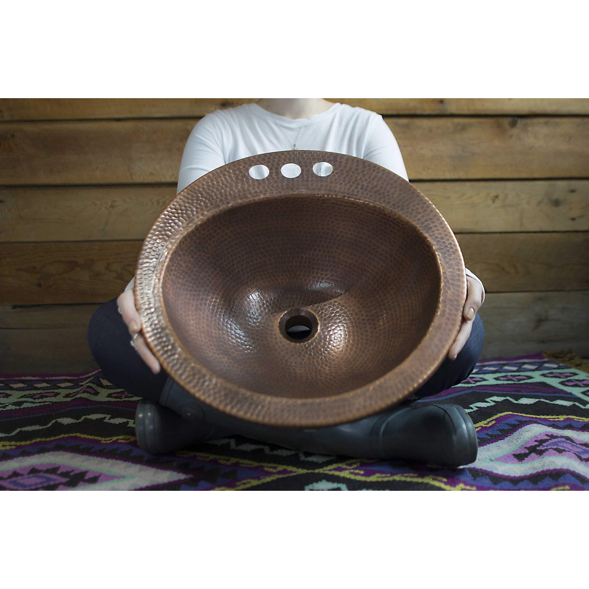 Sinkology SB101-19AC Bell Drop-in Handmade Copper Bath Sink with 4" Faucet Holes and Overflow, 19", Antique Copper