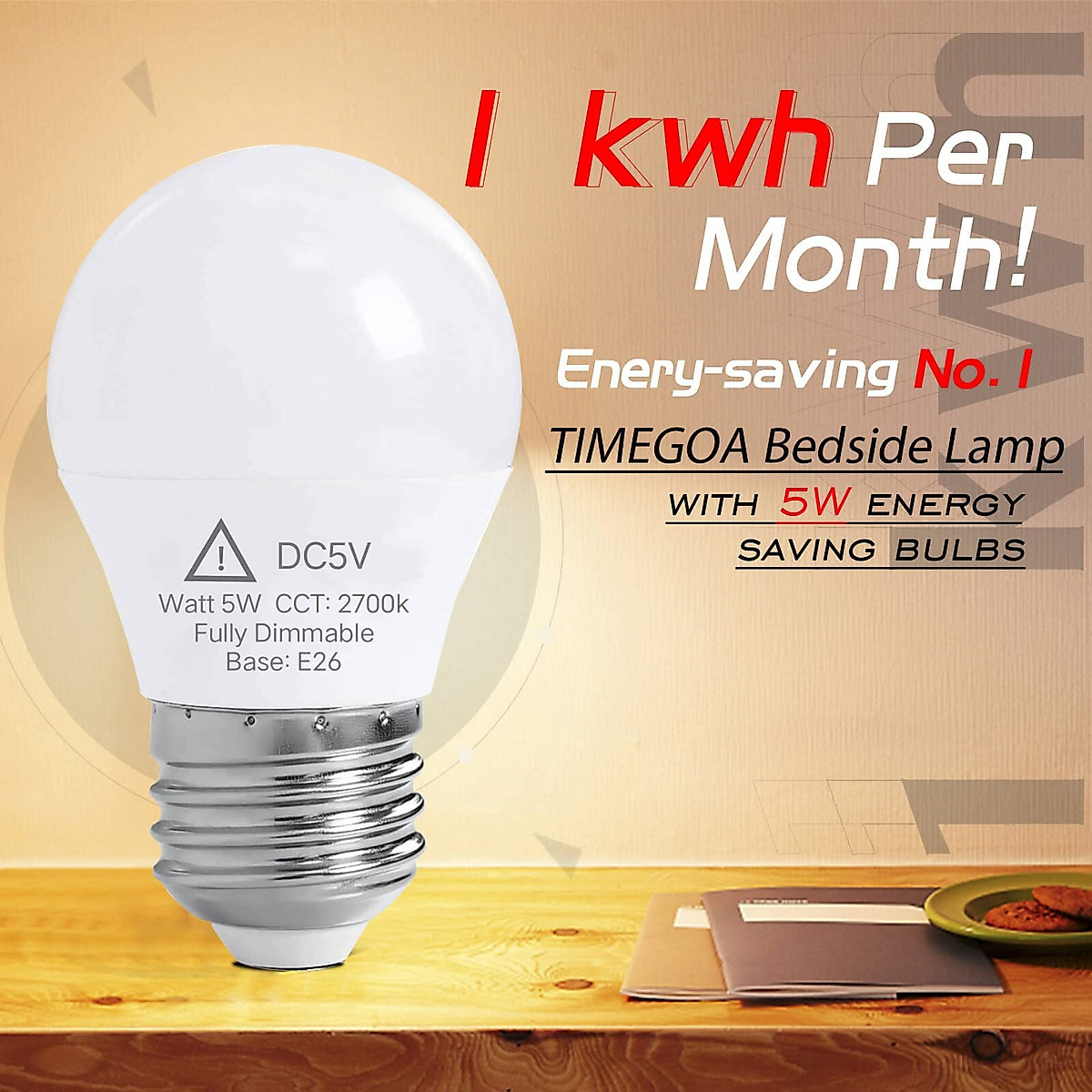 TIMEGOA Safety Low Voltage 5V 5W 3-Way Dimmable LED Light Bulb, G45 E26 E27 Base Energy-Saving Bulb, 60W Equivalent, 400 Lumens A19 Bulb, 3000K LED Bulb, 2 Pack