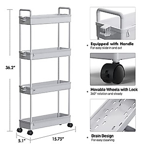 SOLEJAZZ Slim Storage Cart, 4 Tier Bathroom Organizer Mobile Shelving Unit, Rolling Utility Cart Slide Out Organizer for Kitchen, Bathroom, Laundry, Narrow Places, Gray