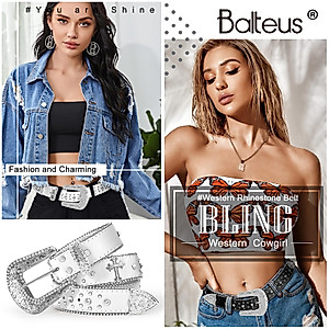 Women Men Rhinestone Belt,Fashion Western Cowgirl Cowboy Bling Studded Cross Leather Belt Diamond Belt for Jeans Dress,White,M