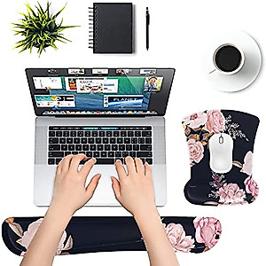 MOSISO Wrist Rest Support for Mouse Pad & Keyboard Set, Peony Ergonomic Mousepad Non-Slip Base Home/Office Pain Relief & Easy Typing Cushion with Neoprene Cloth & Raised Memory Foam, Black