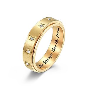 SSZYU Star Moon with Zircon Stainless Steel Inspirational Ring for Women Be Stronger Than The Storm Graduation Mantra Inspirational Rotating Rings Spinner Ring Star Moon Ring Gold Plated Size 6