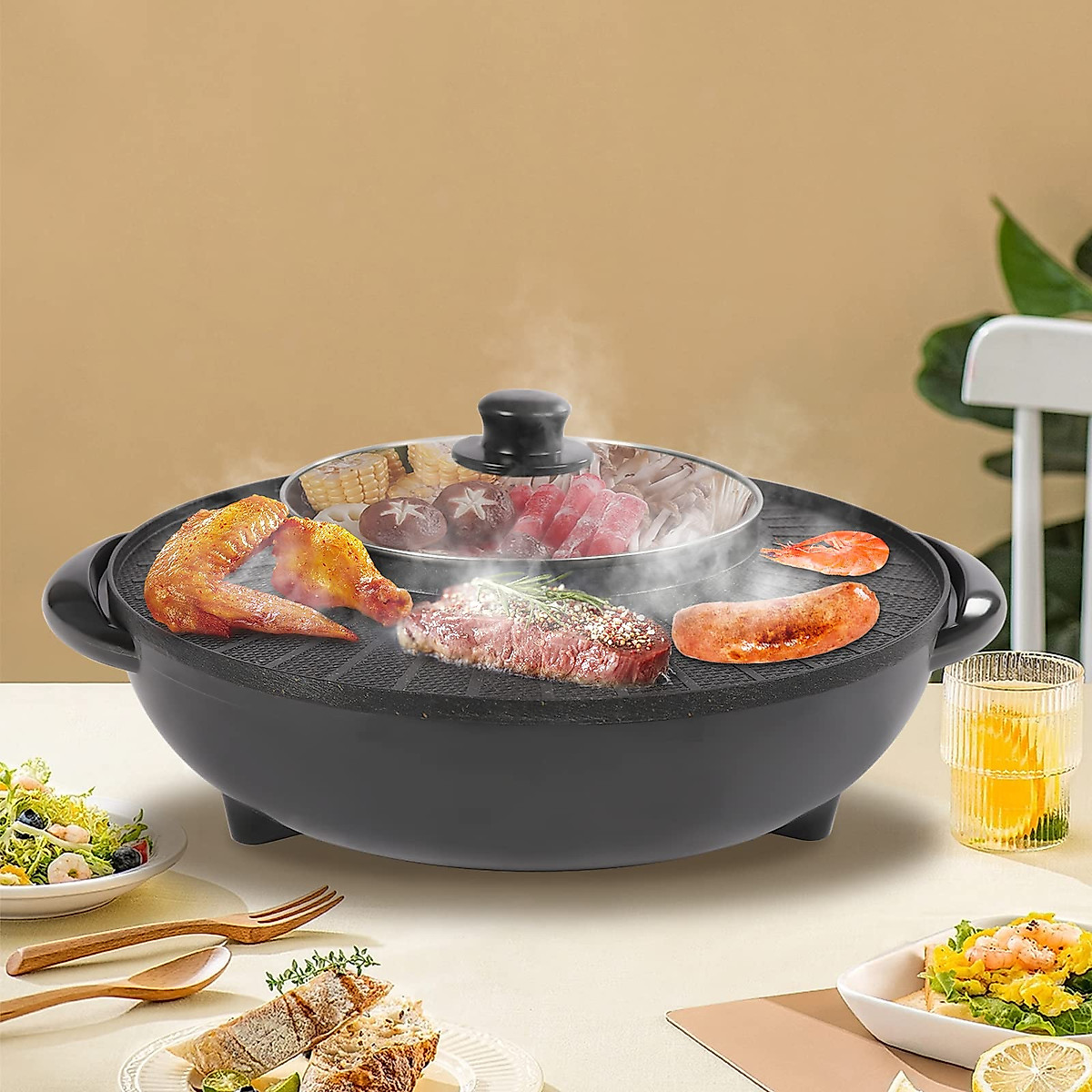 Circular Edition Hotpot Grill Combo Indoor Korean BBQ, Hot Pot and Frying Pan Electric Hot Pot with Divider Large Capacity Portable Grill, for 2-6 People Family and Friends Dinner, Parties, Camping