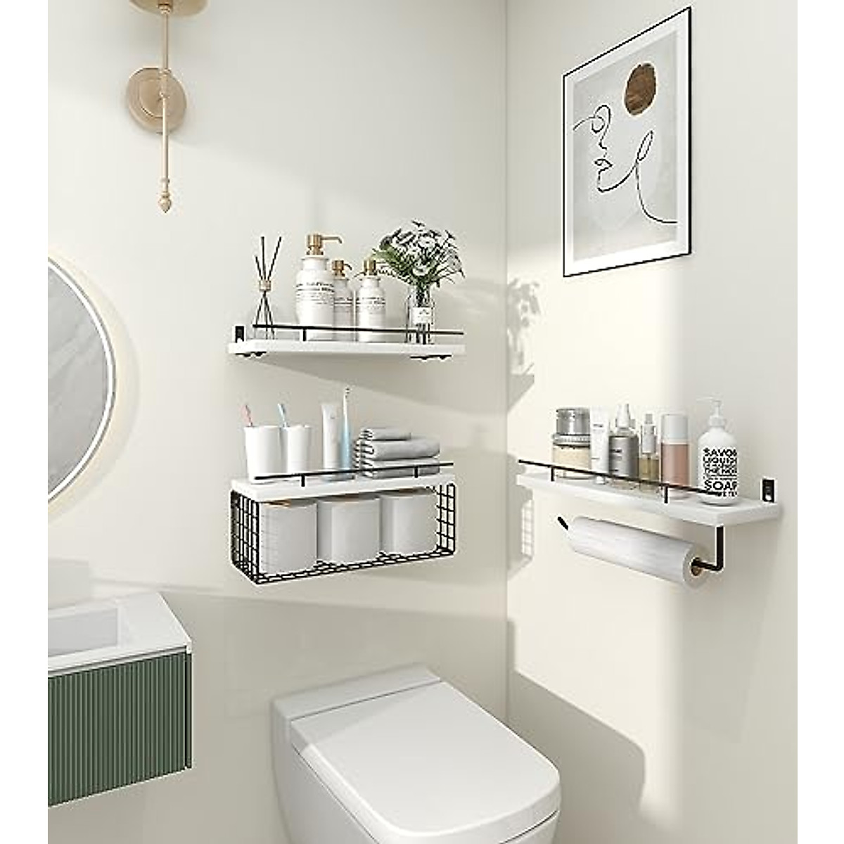 Mefirt Floating Shelves, 3+2 Tier Bathroom Shelves with Paper Towel Holder & Towel Bar, Wood Wall Décor Shelves Over Toilet with Wire Storage Basket & Guardrail, Farmhouse Floating Shelf - White